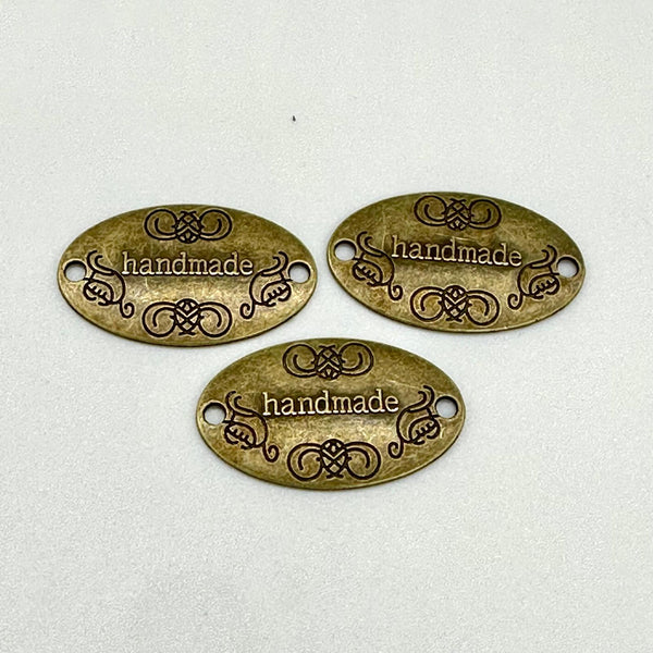 HARDWARE ACCESSORY: "handmade" METAL Tags: Set of 3 in antique brass c ...