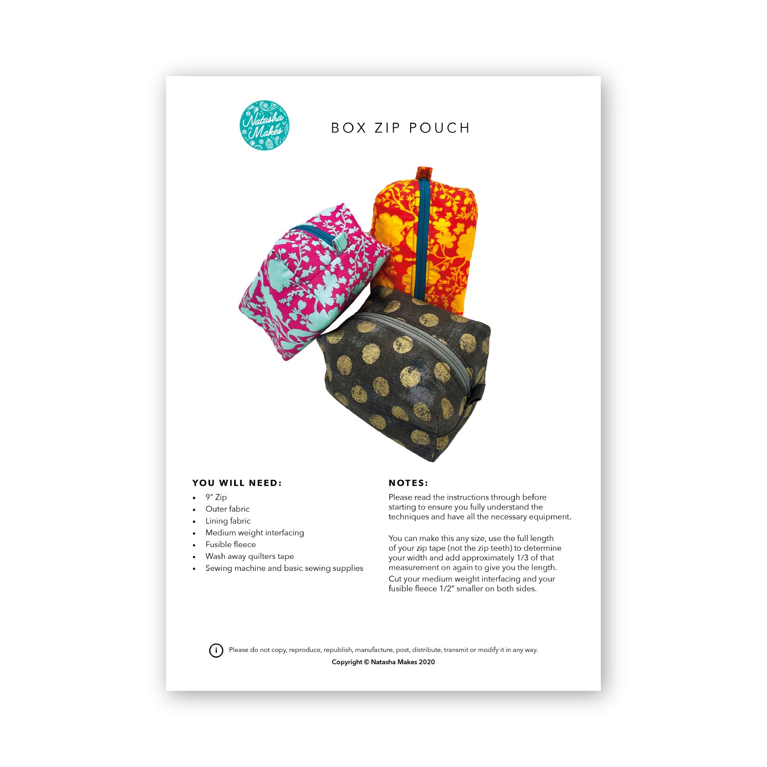 INSTRUCTIONS: Box Zip Pouch: PRINTED VERSION – Natasha Makes